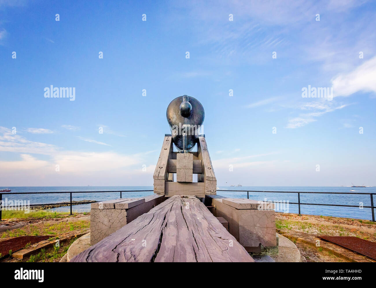 A Civil War cannon points at Mobile Bay from Fort Gaines, Aug. 2, 2014 ...