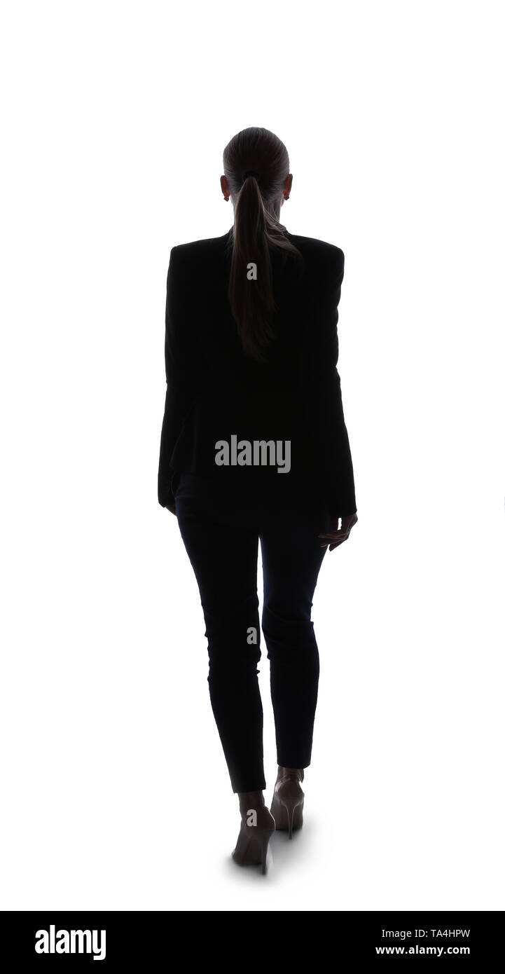 Silhouette of beautiful businesswoman on white background, back view ...