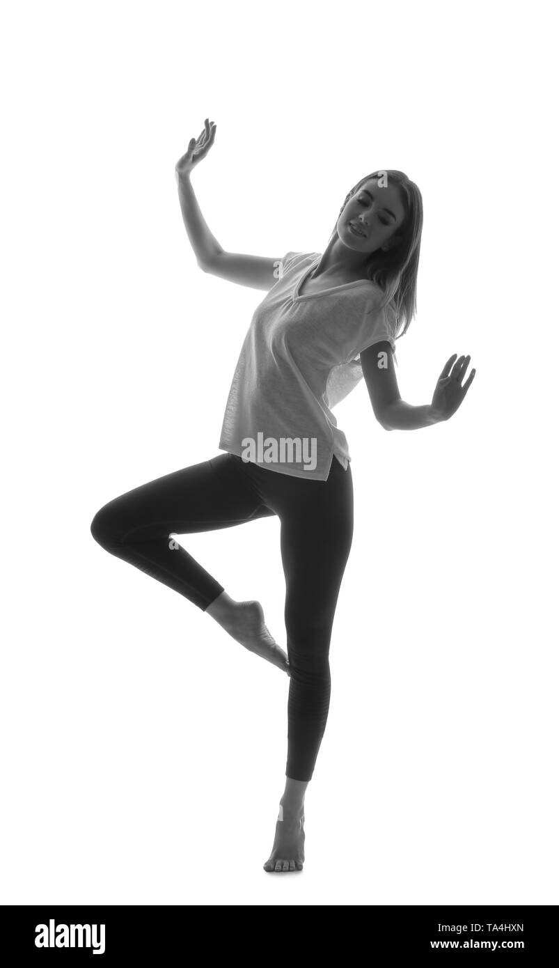Portrait of beautiful dancing woman on white background Stock Photo - Alamy