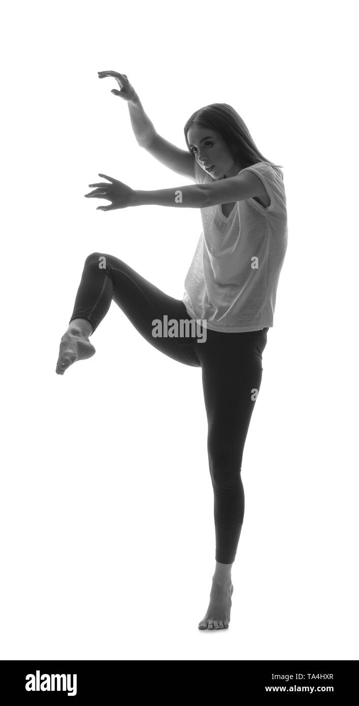 Portrait of beautiful dancing woman on white background Stock Photo - Alamy