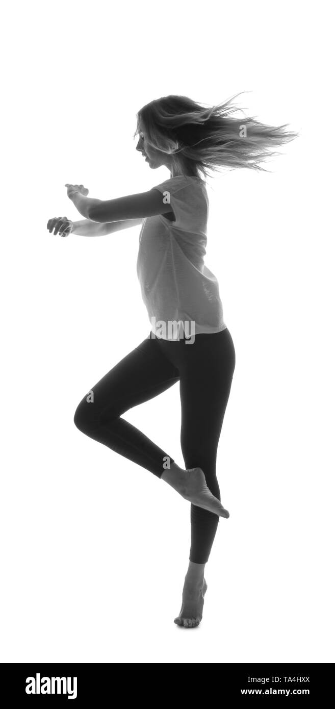 Portrait of beautiful dancing woman on white background Stock Photo - Alamy
