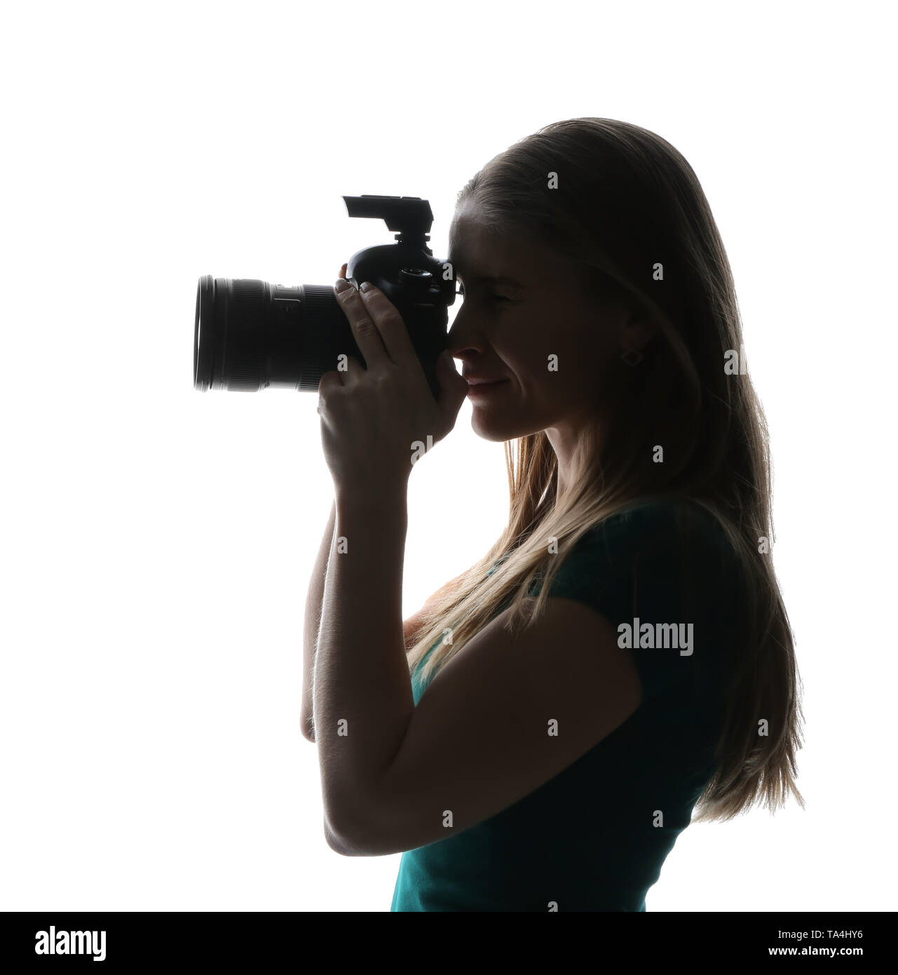 Portrait of beautiful photographer on white background Stock Photo - Alamy
