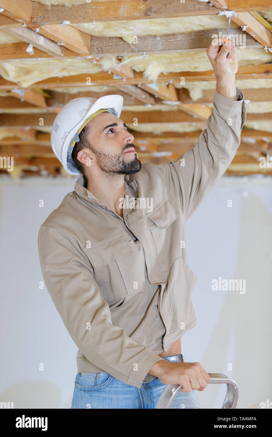 builder checking roof damage Stock Photo - Alamy