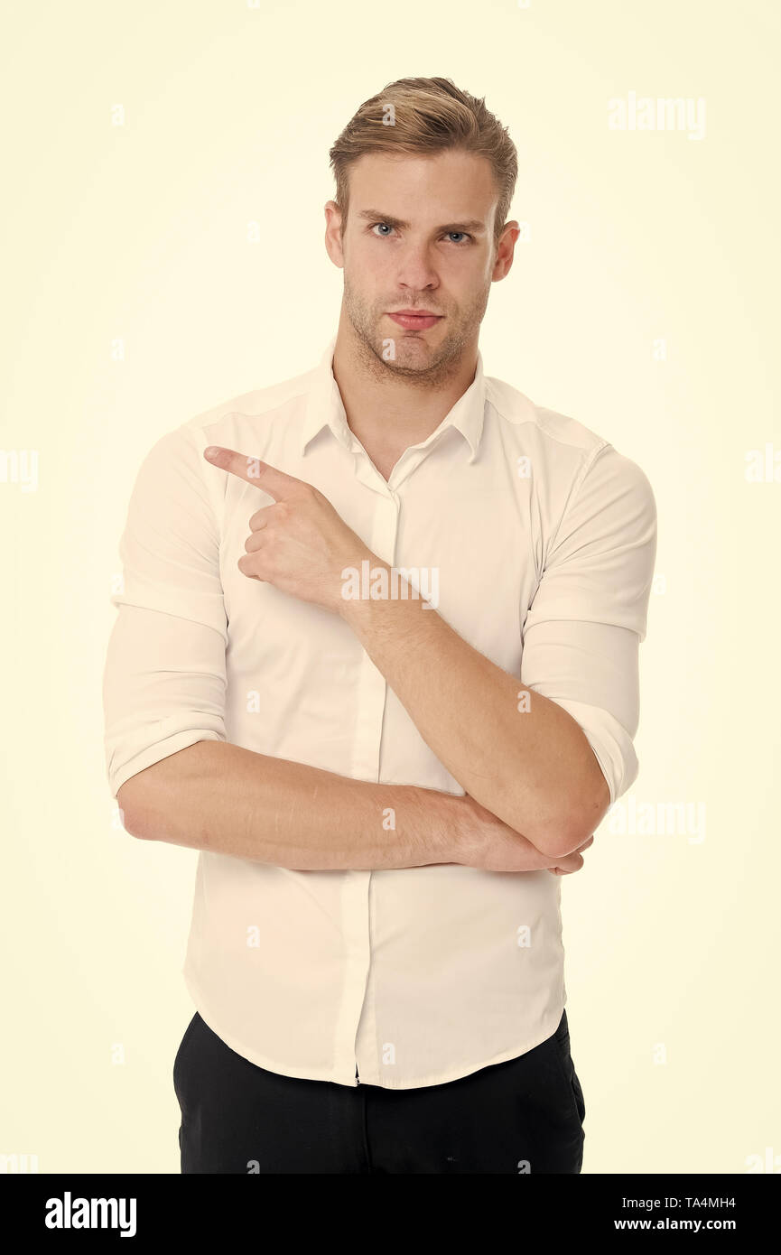Pointing direction. Man shop assistant pointing index finger isolated ... Pointing direction. Man shop assistant pointing index finger isolated ...