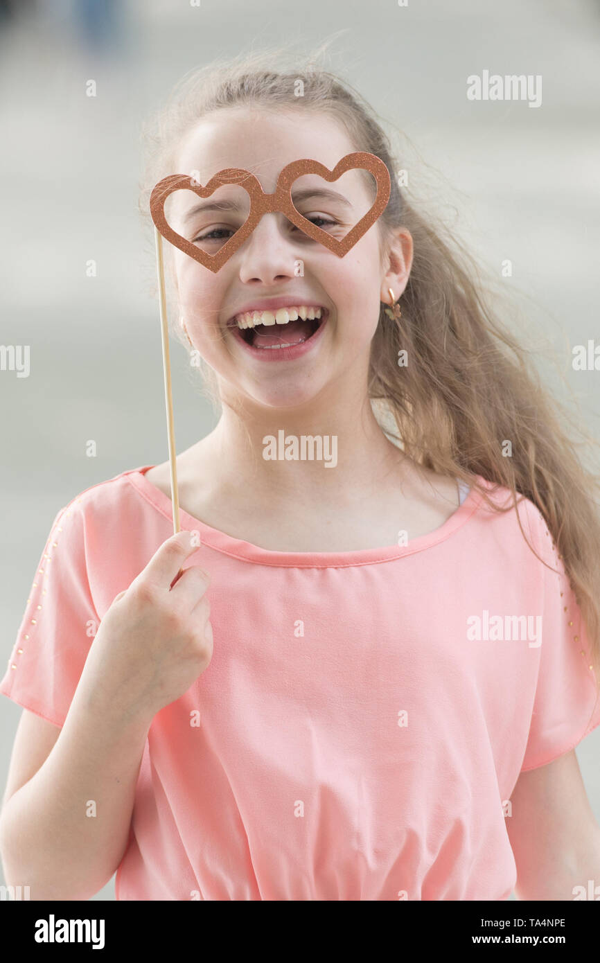 Happy valentines day. Small child with happy smile and funny look ...