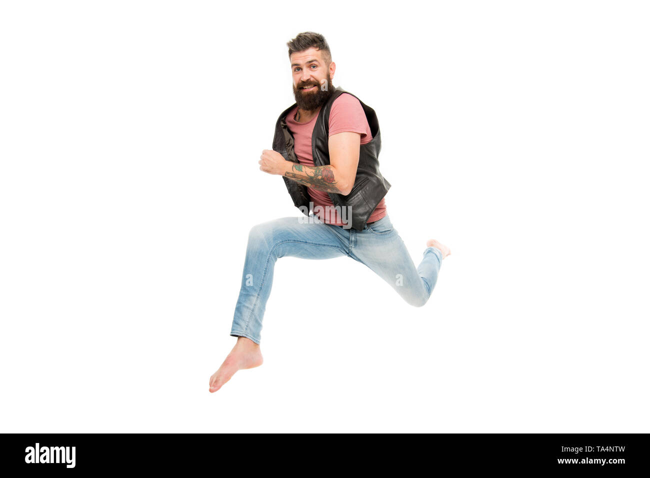 Hurry up. Guy happy cheerful face having fun run jumping. Life in ...