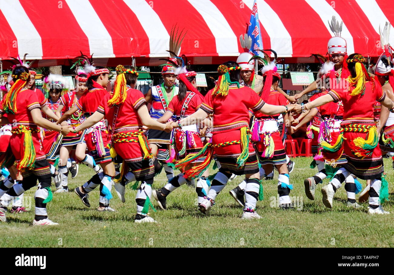KAOHSIUNG, TAIWAN -- SEPTEMBER 29, 2018: Members of the indigenous Amis ...