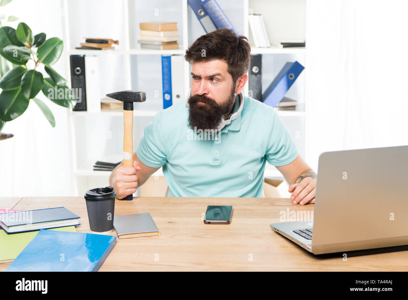Office life makes him crazy. Businessman with beard and mustache gone ...
