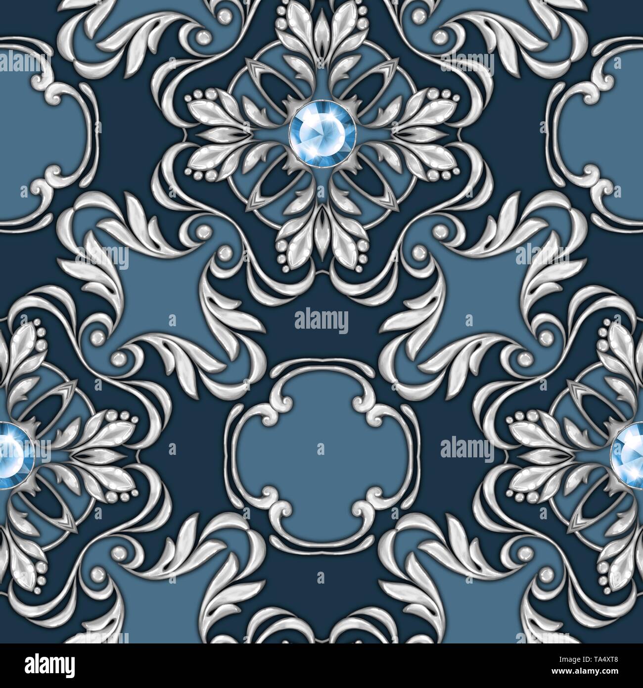 Seamless silver baroque pattern with gems Stock Photo - Alamy