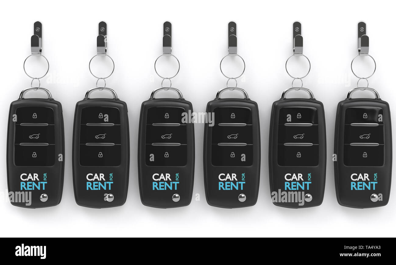 3d render of car for rent keys hanging on hook isolated over white ...
