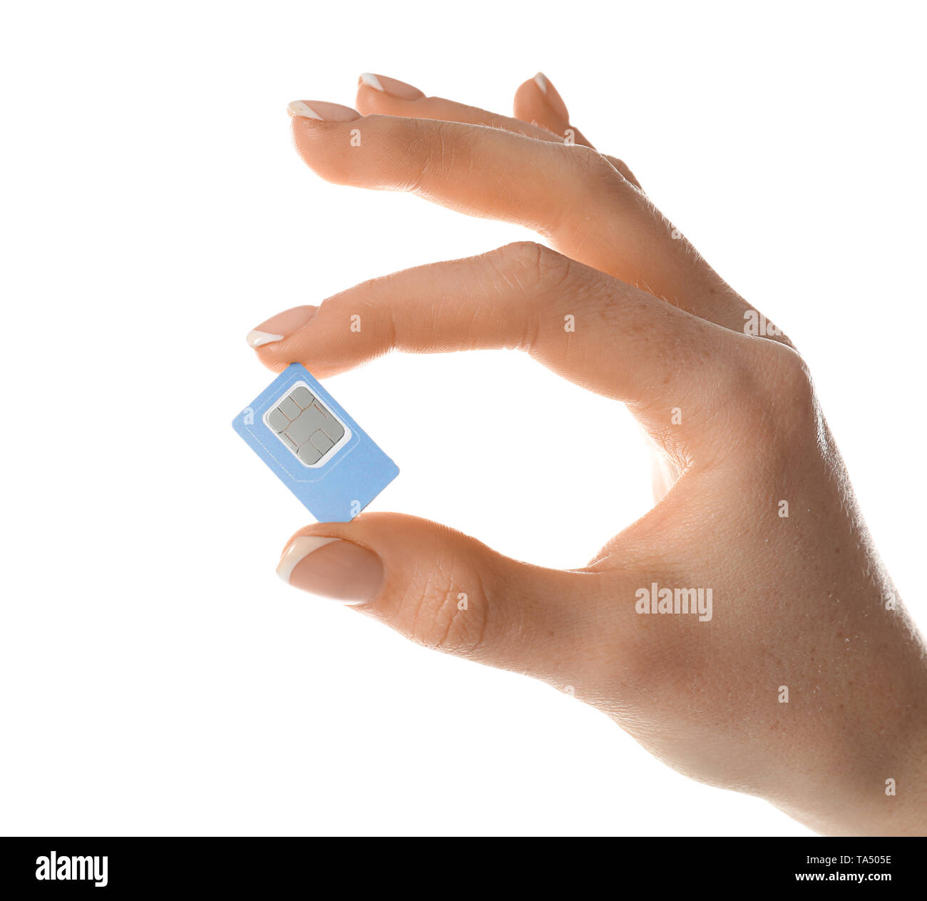 Female hand holding sim card on white background Stock Photo - Alamy