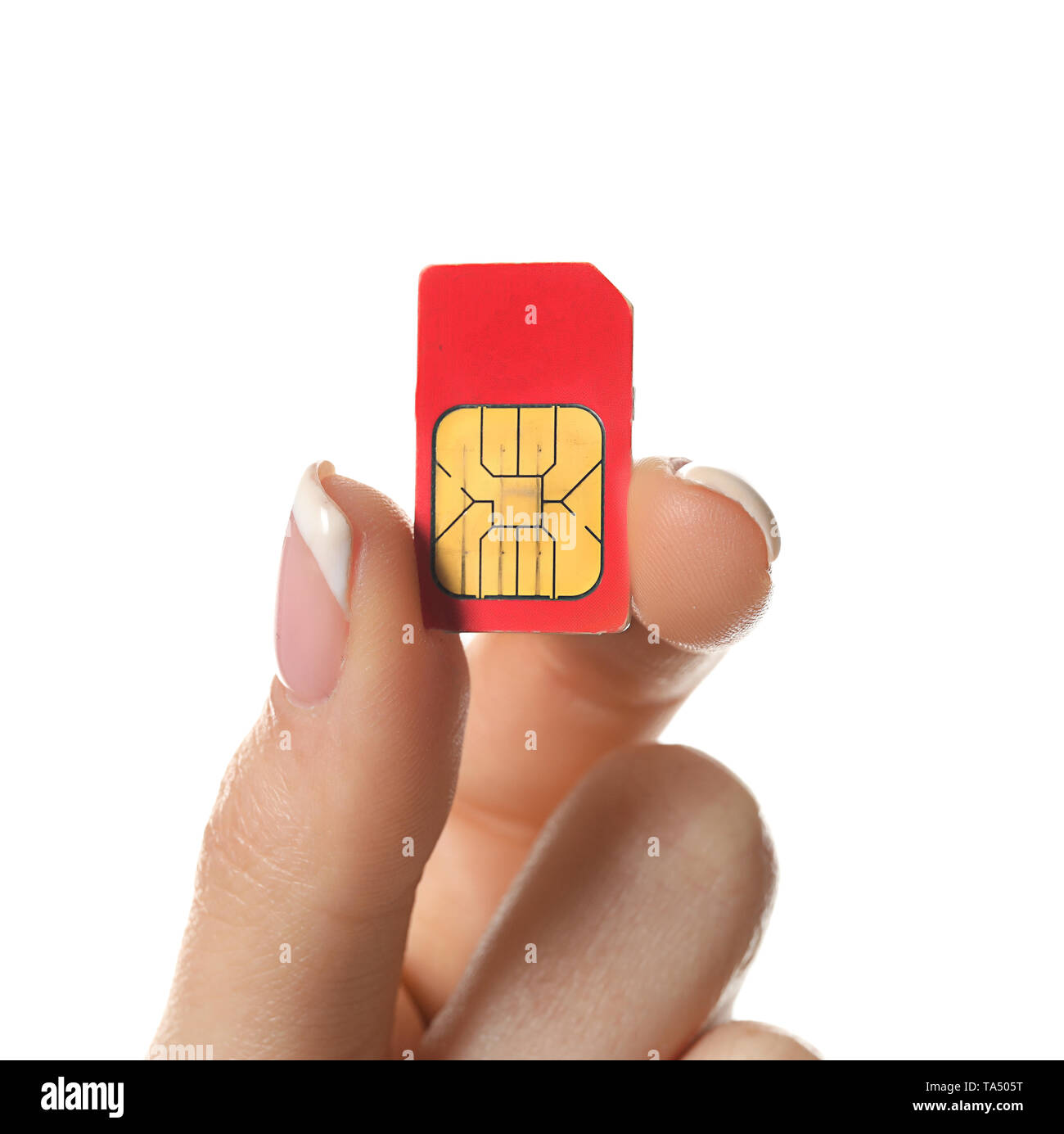 Female hand holding sim card on white background Stock Photo - Alamy