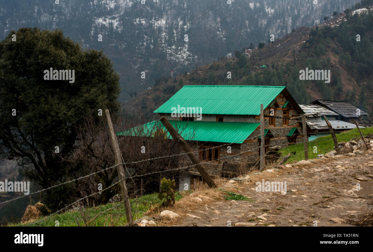 Typical wooden alpine house in himachal in himalayas - India Stock ...