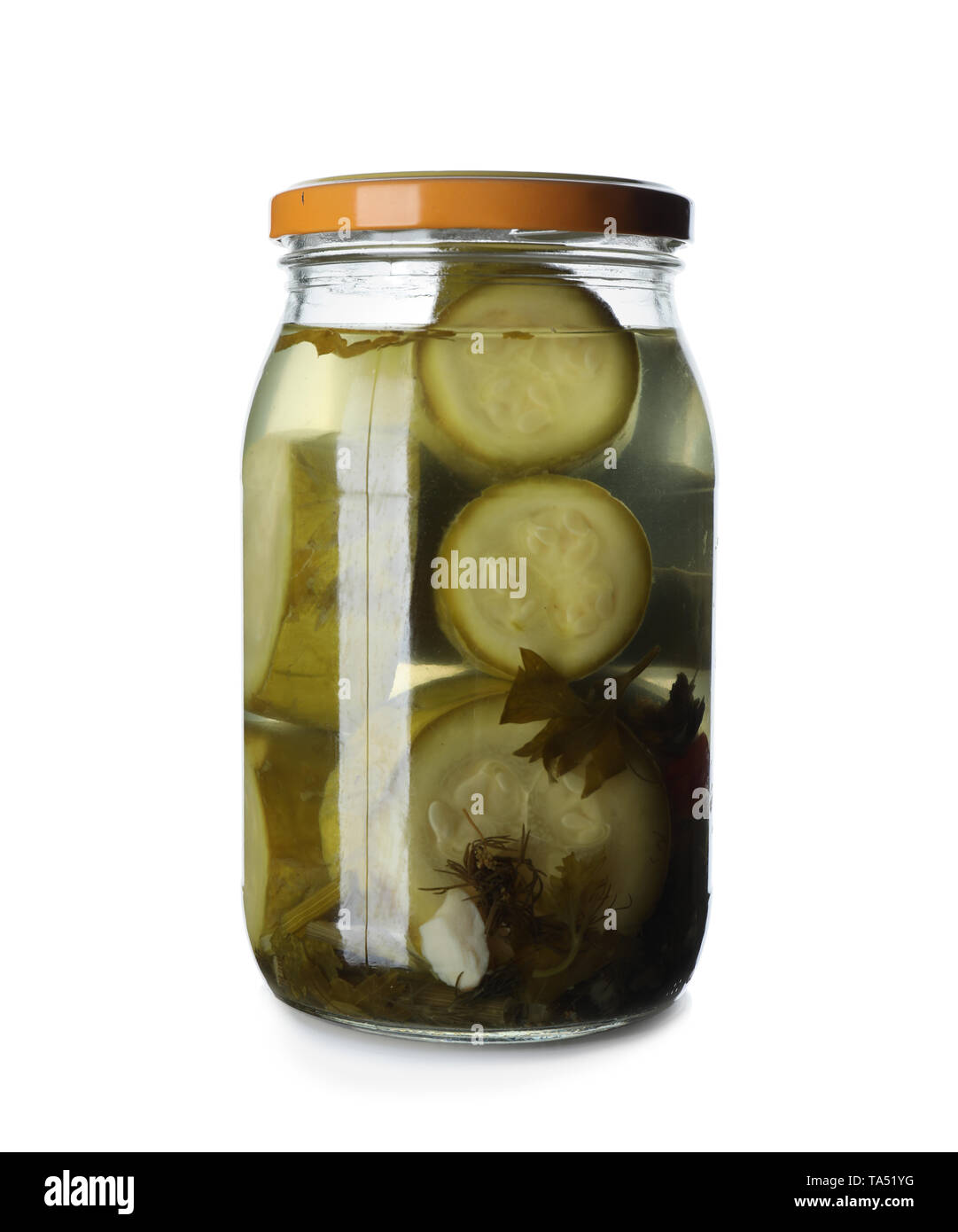 Glass jar with fermented squash on white background Stock Photo - Alamy