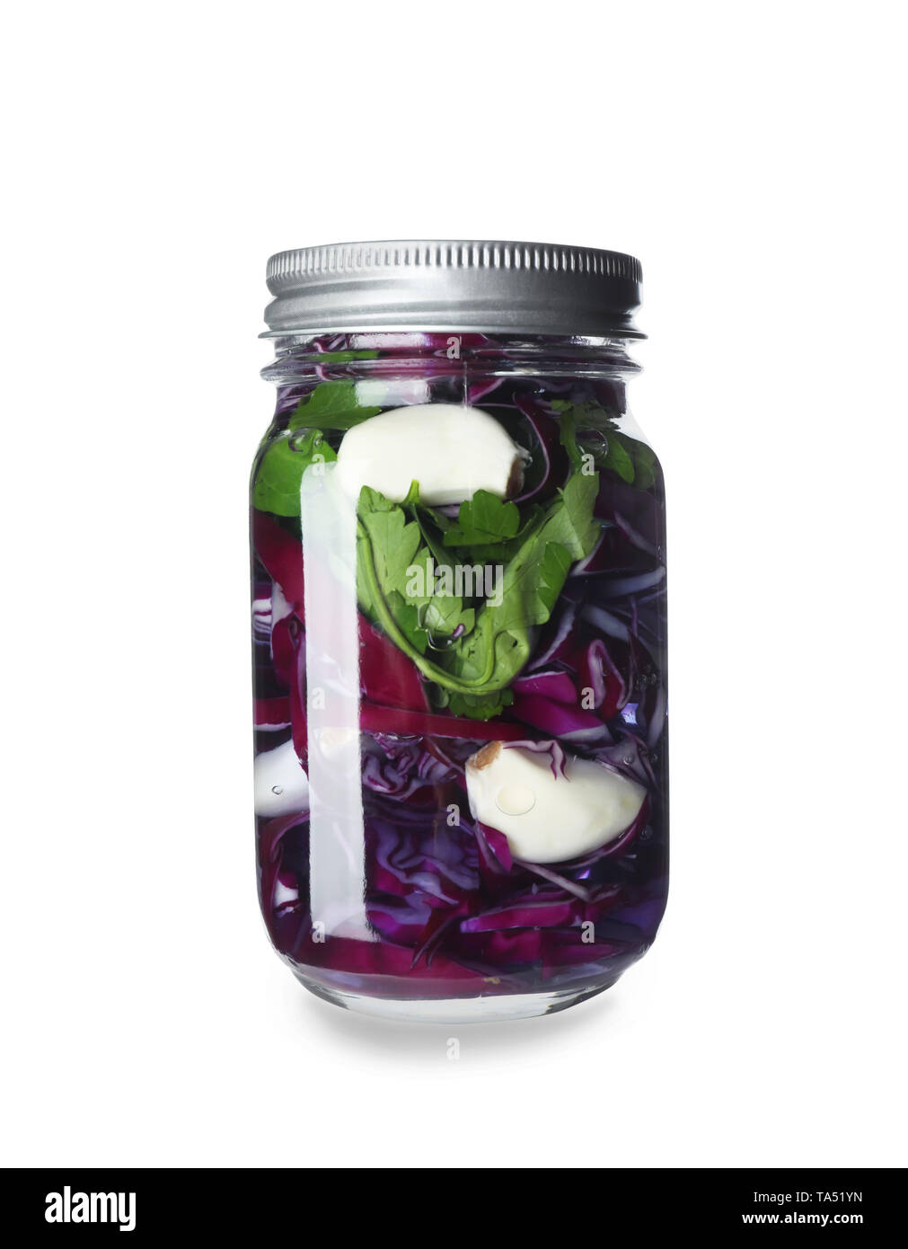 Glass jar with fermented vegetables on white background Stock Photo - Alamy