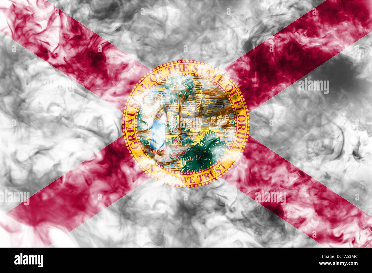 The national flag of the US state Florida in against a gray smoke on ...