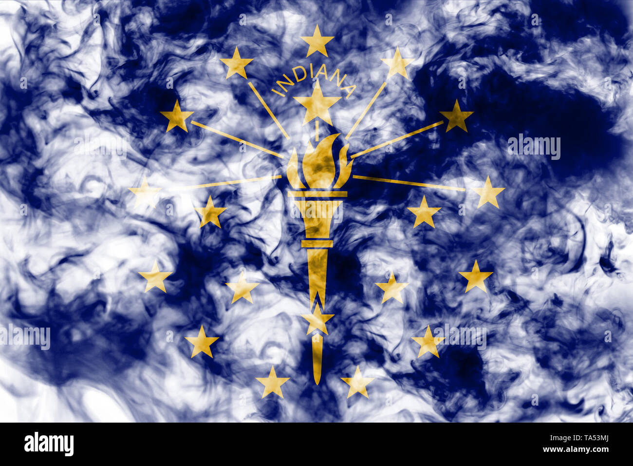 The national flag of the US state Indiana in against a gray smoke on ...