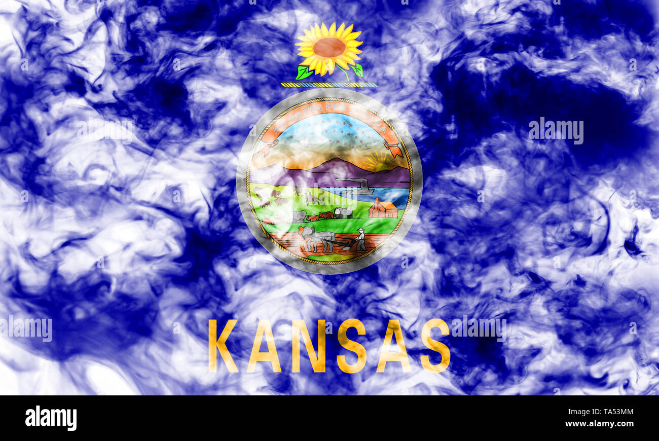 The national flag of the US state Kansas in against a gray smoke on the ...