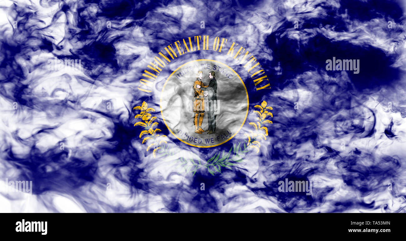 The national flag of the US state Kentucky in against a gray smoke on ...
