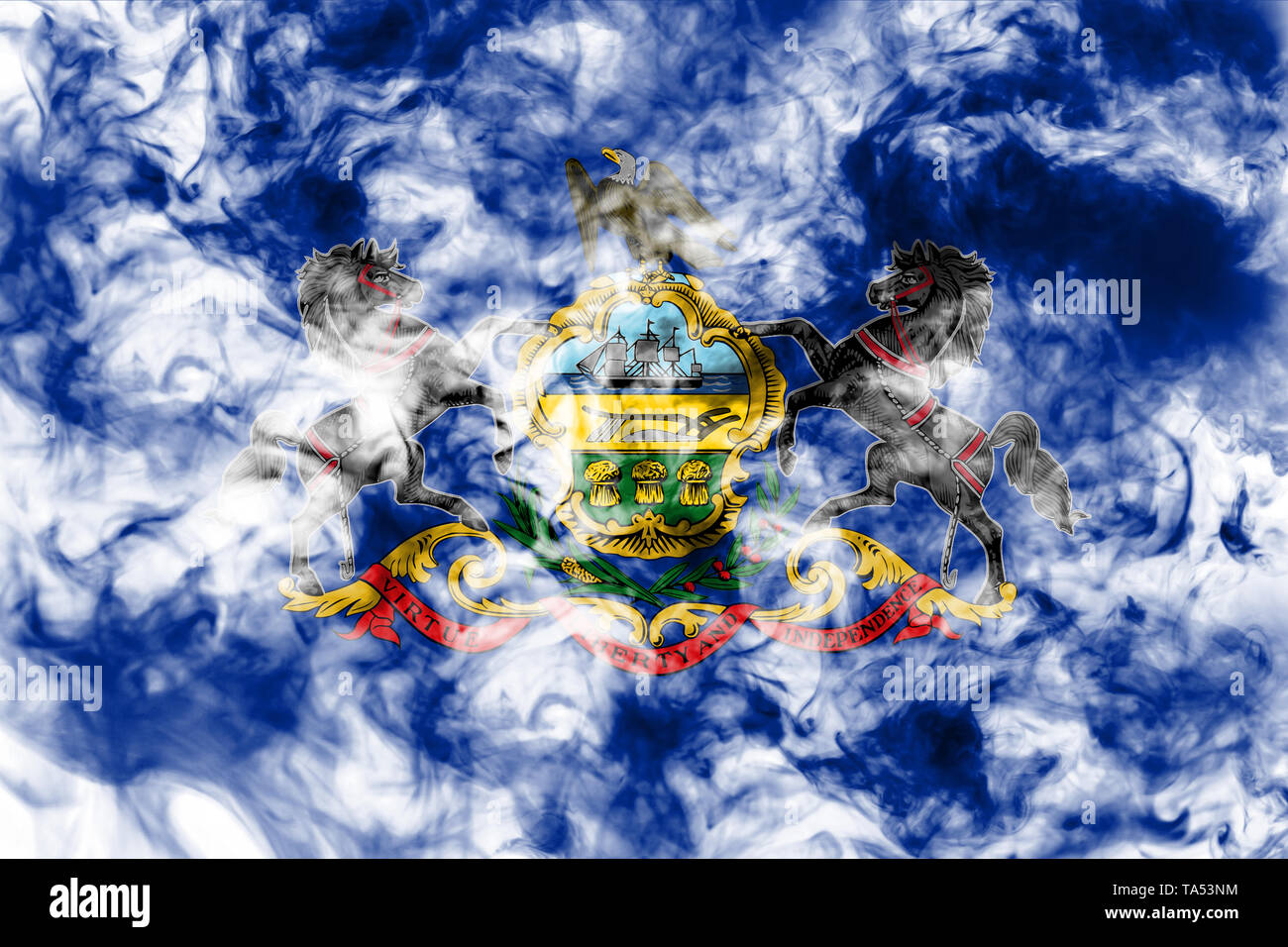 The national flag of the US state Pennsylvania in against a gray smoke ...
