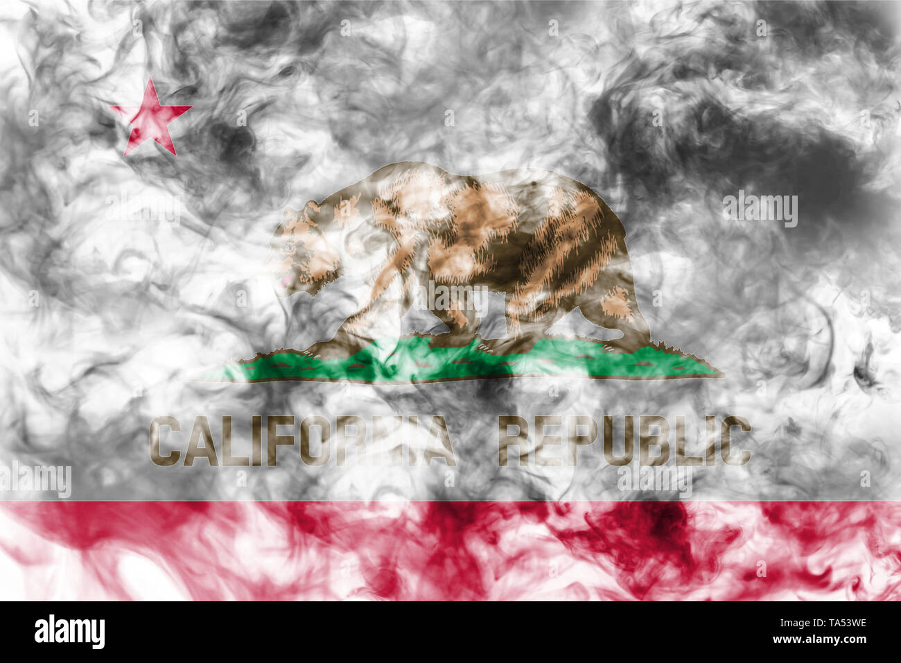 The national flag of the US state California in against a gray smoke on ...