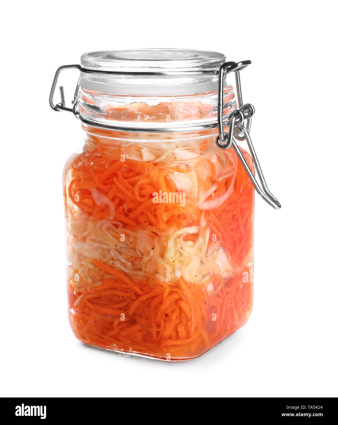 Jar with tasty fermented vegetables on white background Stock Photo - Alamy