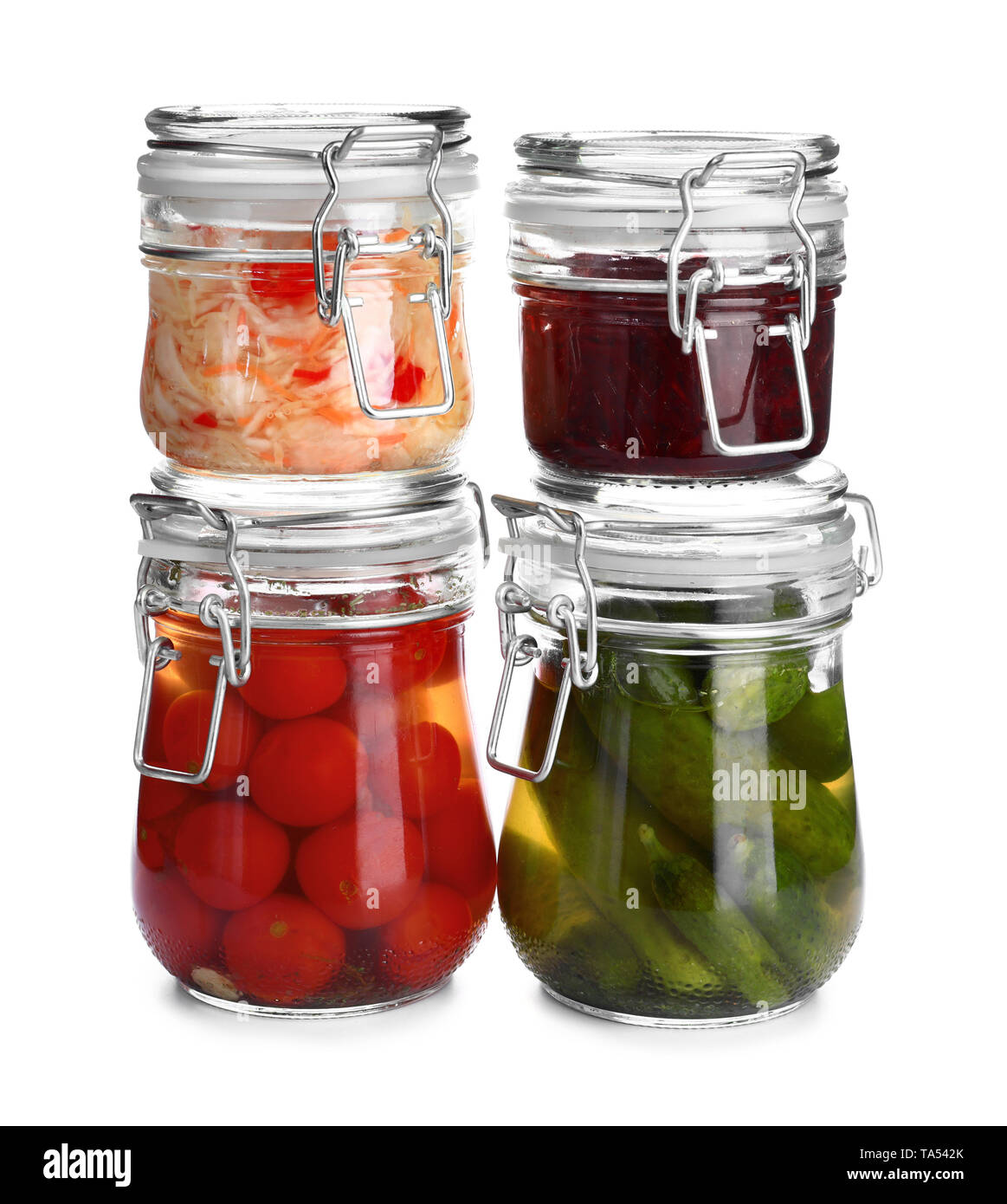 Jars with tasty fermented vegetables on white background Stock Photo ...