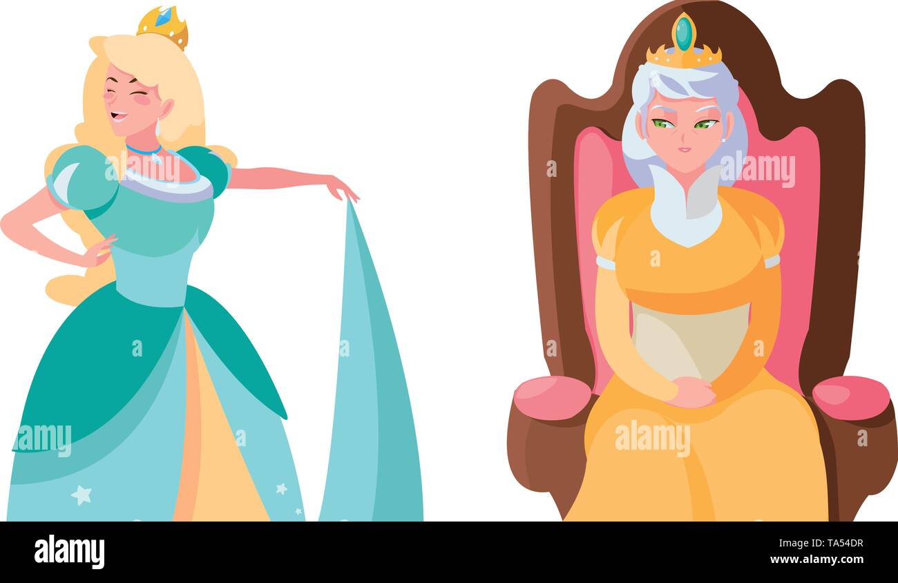 beautiful princess with queen on throne of tales character vector ...