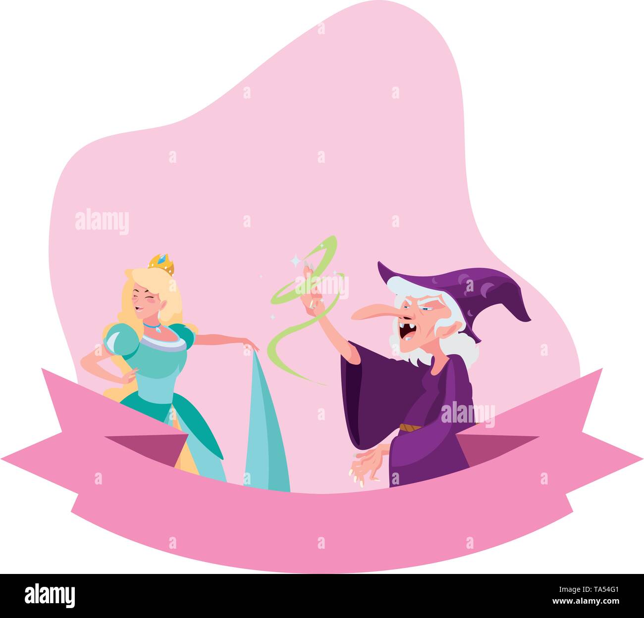 beautiful princess with witch of tales characters vector illustration ...