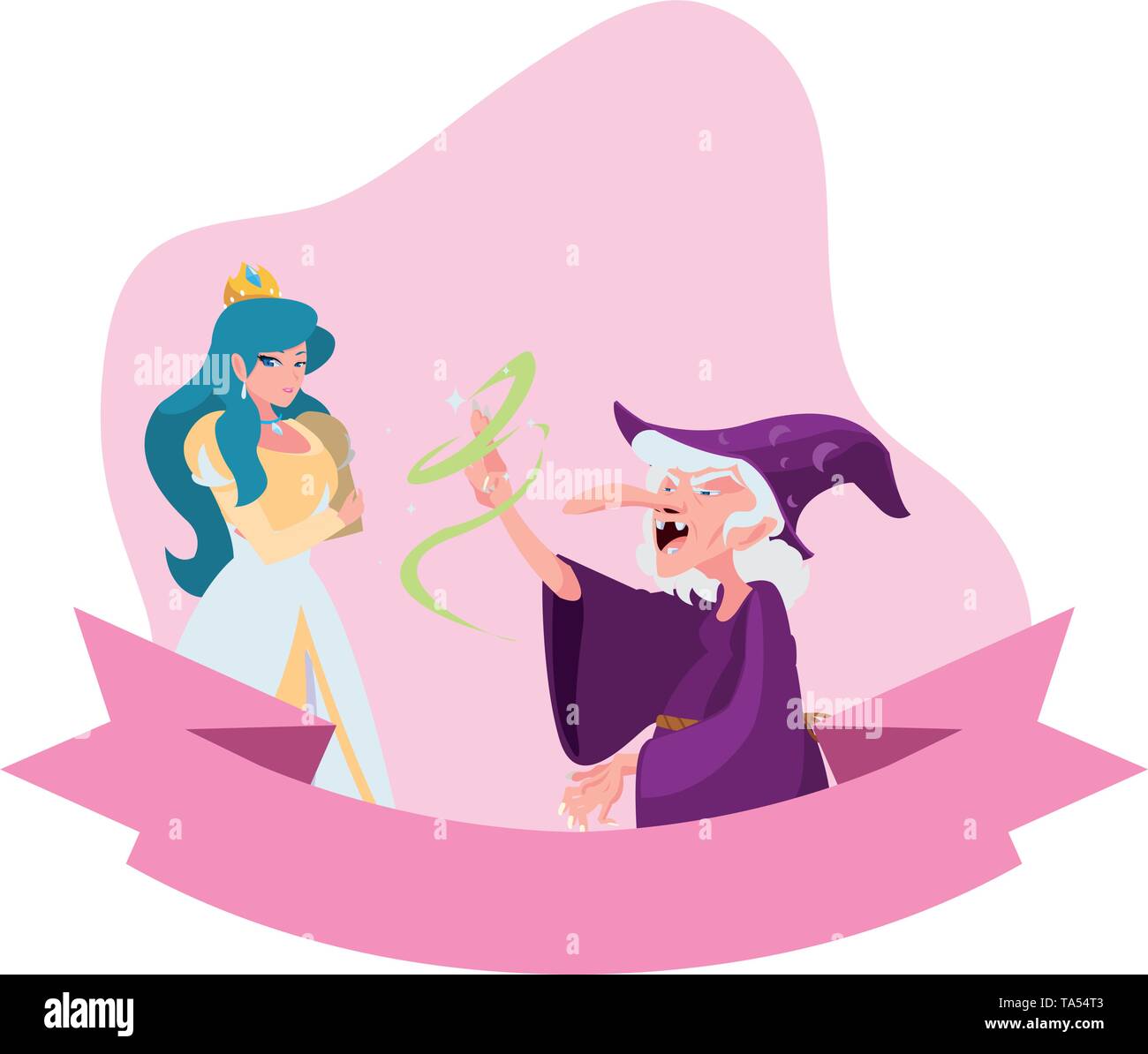 beautiful princess with witch of tales characters vector illustration ...