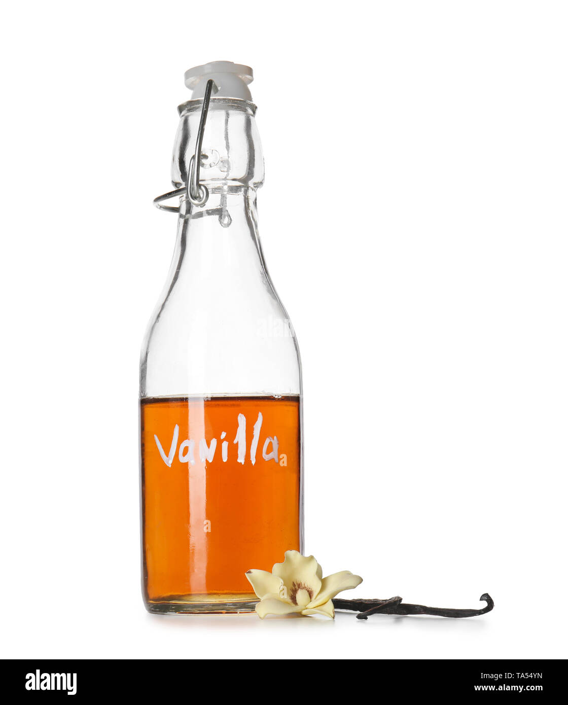 Glass bottle of vanilla extract on white background Stock Photo - Alamy