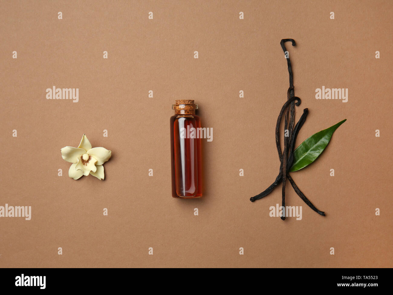 Composition with vanilla extract on color background Stock Photo - Alamy