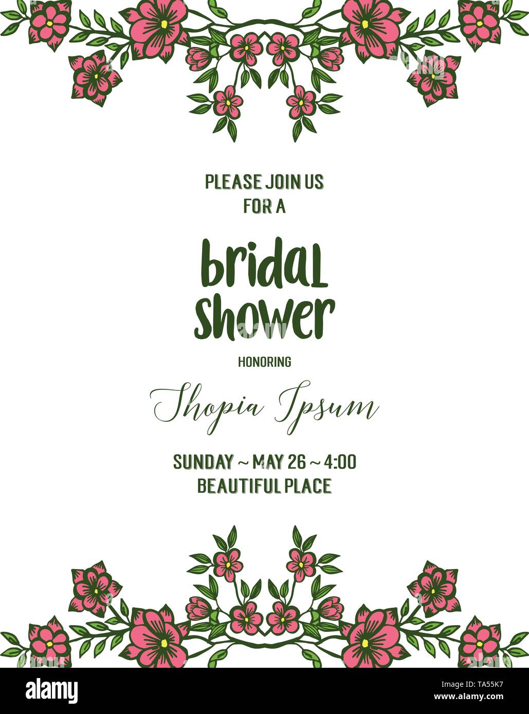 Vector illustration lettering bridal shower with artwork leaf floral ...