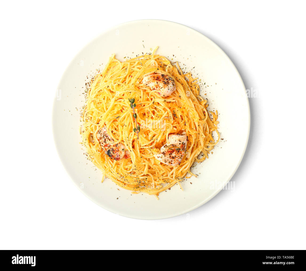 Plate with tasty pasta and chicken on white background Stock Photo - Alamy