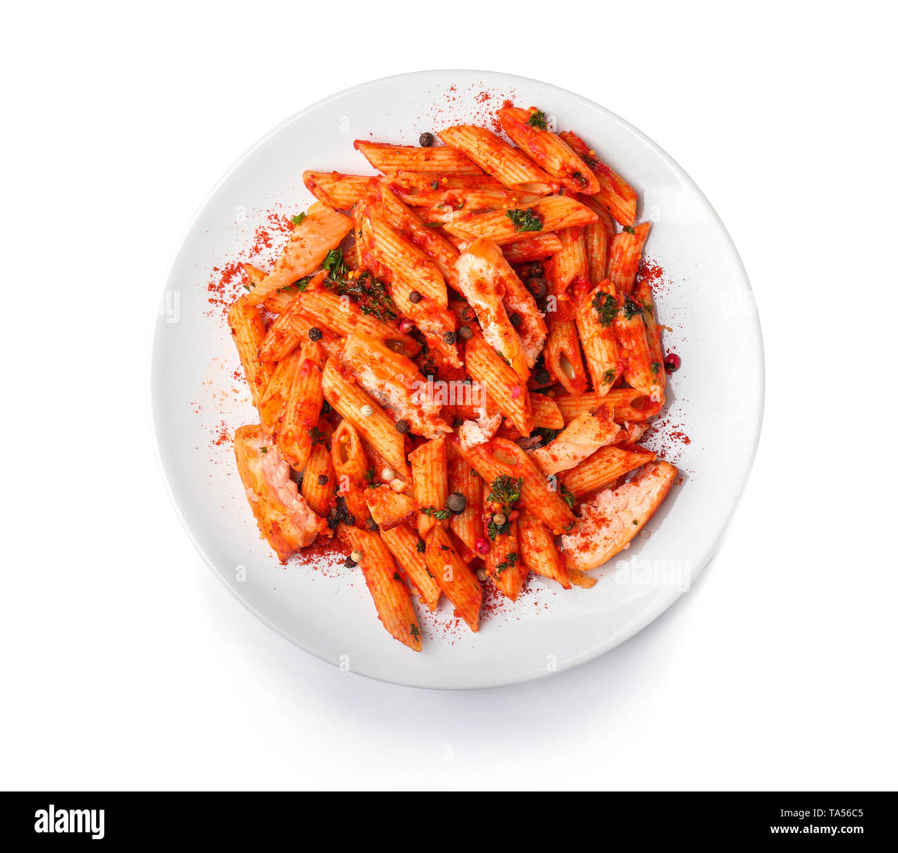Plate with tasty pasta and tomato sauce on white background Stock Photo ...