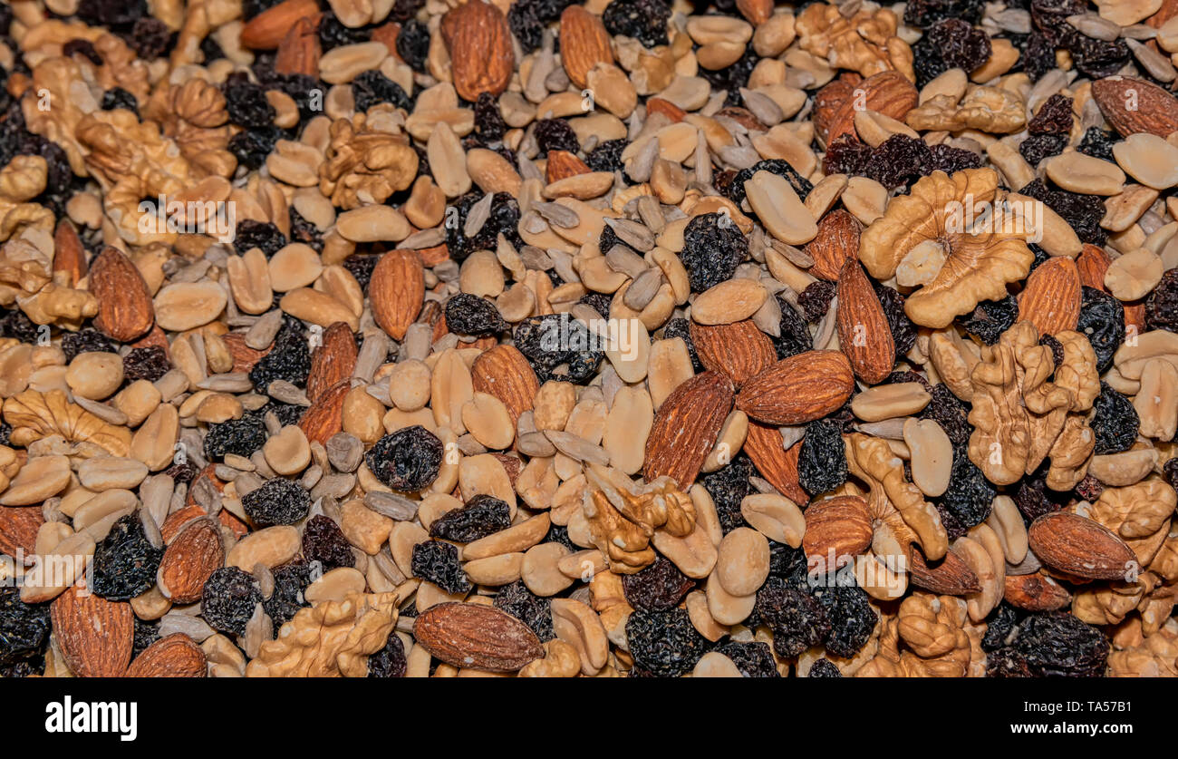 Mixture of dried seeds, fruits and nuts. snack food Stock Photo - Alamy