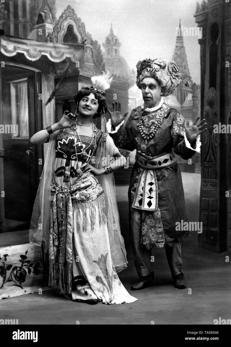 Couple, theatre scene, actor in theatre, sultan with woman, around 1900 ...