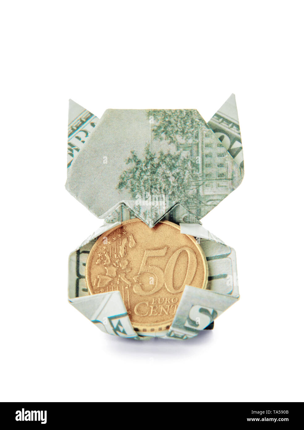 Origami cat made of dollar banknote with coin on white background Stock ...