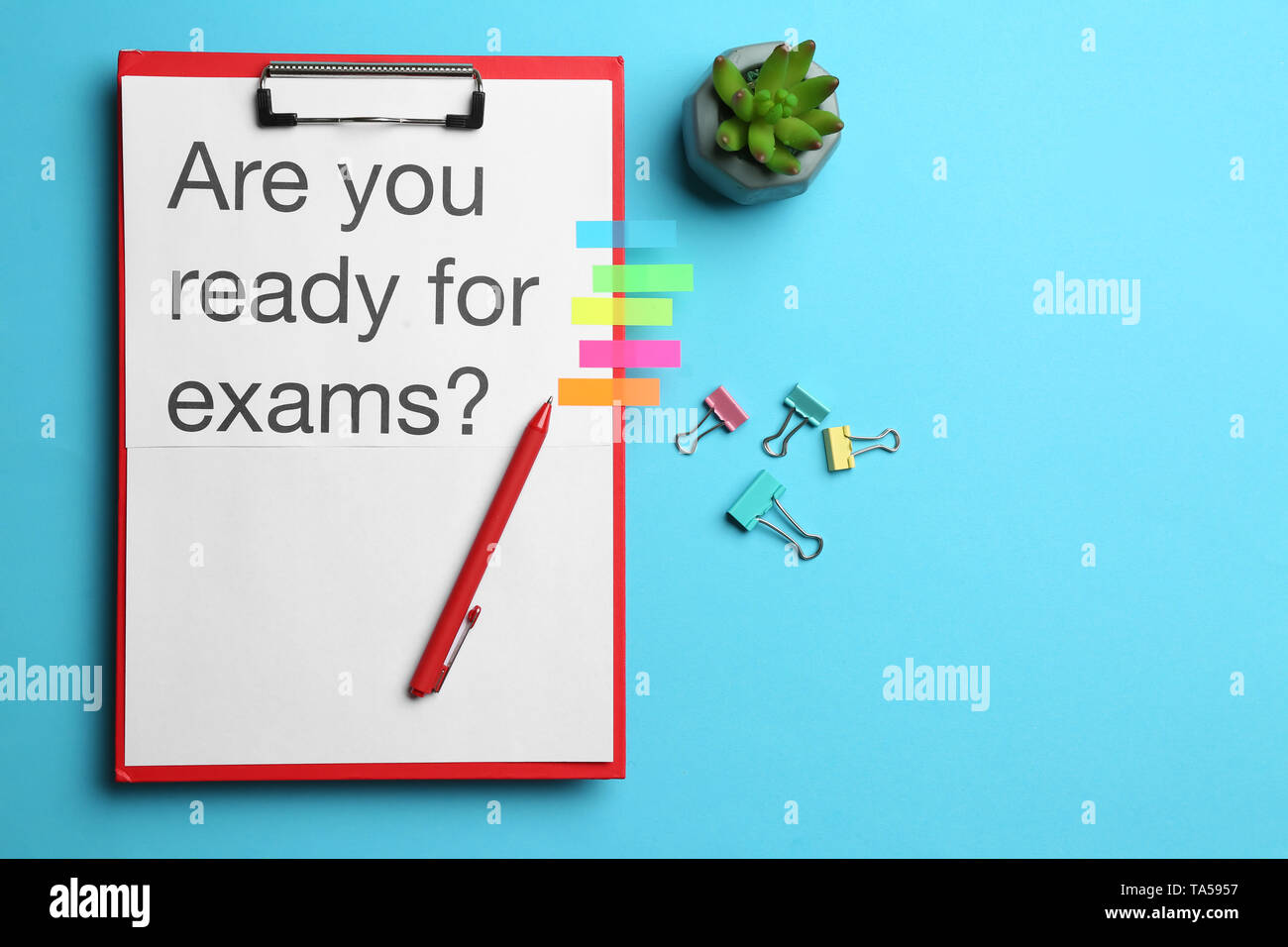 Clipboard with text ARE YOU READY FOR EXAMS? on color background Stock ...