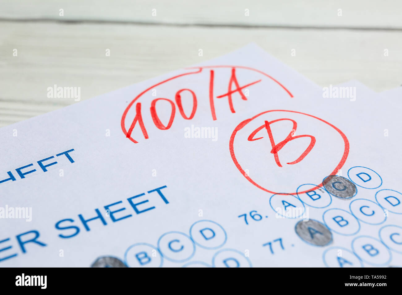 Checked answer sheets, closeup. Concept of passing exam Stock Photo - Alamy
