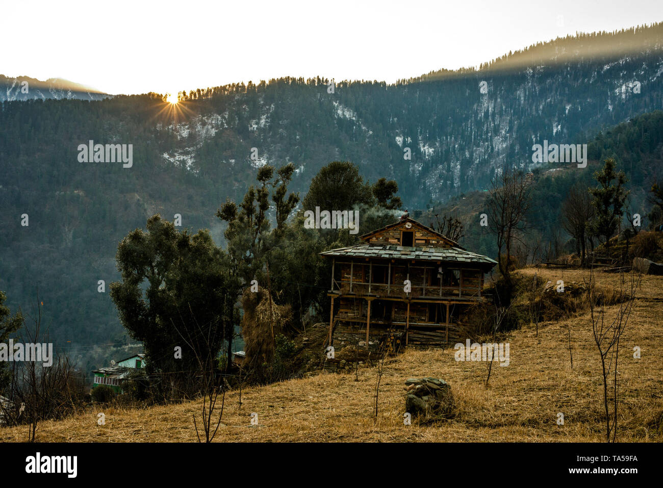 Typical wooden alpine house in himachal in himalayas Stock Photo - Alamy