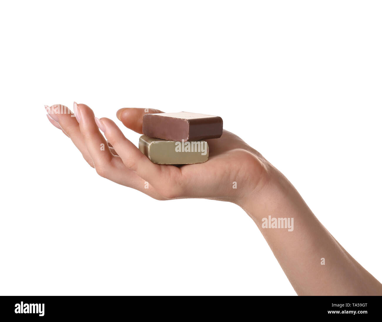 Female hand with soap on white background Stock Photo - Alamy