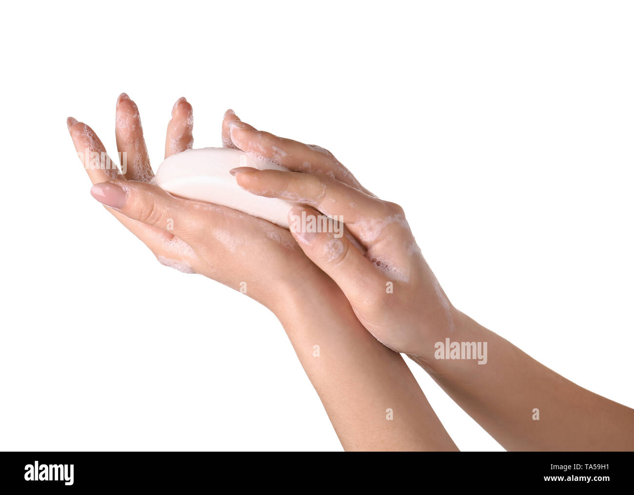 Female hands with soap on white background Stock Photo - Alamy