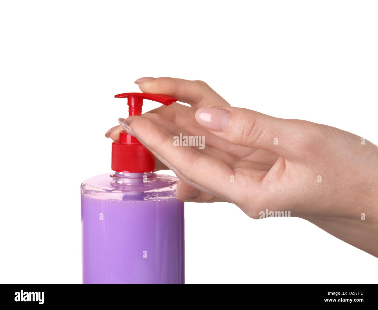 Female hands with liquid soap on white background Stock Photo - Alamy