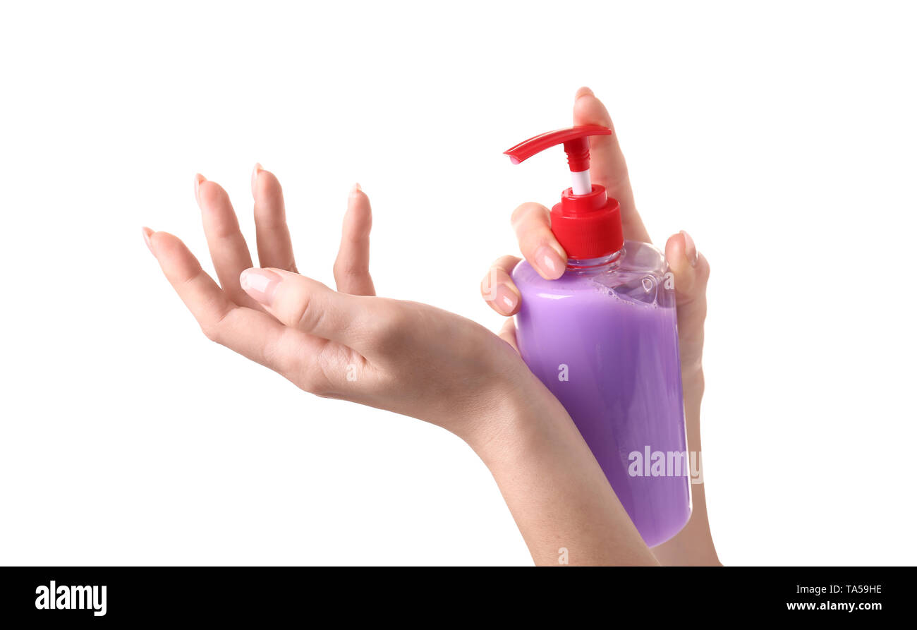 Female hands with liquid soap on white background Stock Photo - Alamy