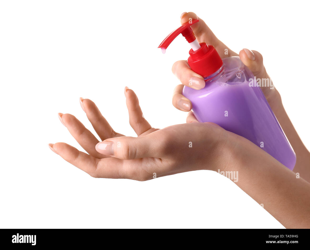 Female hands with liquid soap on white background Stock Photo - Alamy