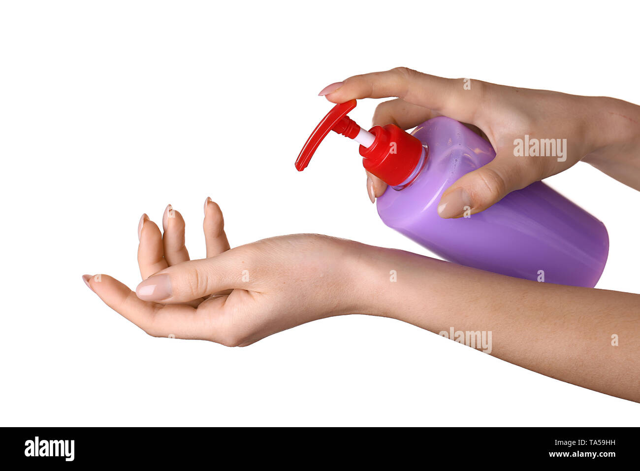 Female hands with liquid soap on white background Stock Photo - Alamy