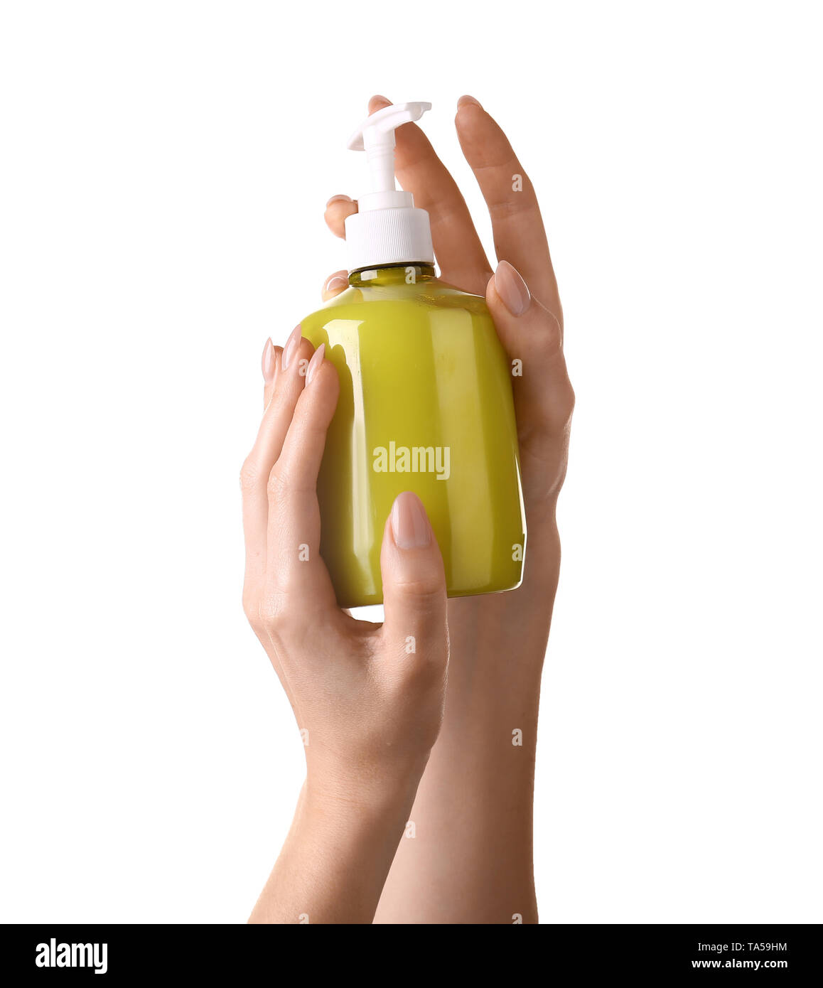 Female hands with liquid soap on white background Stock Photo - Alamy