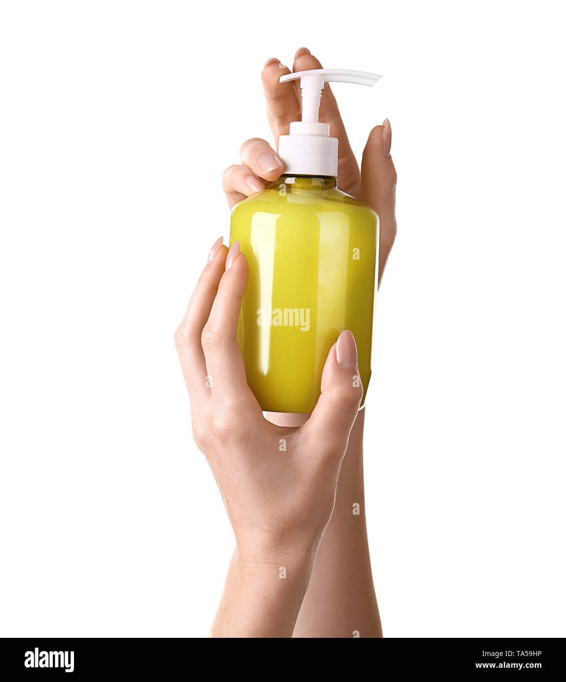 Female hands with liquid soap on white background Stock Photo - Alamy