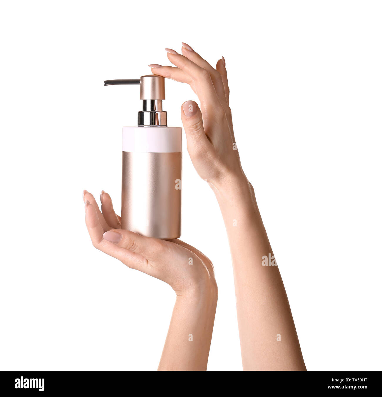 Female hands with liquid soap on white background Stock Photo - Alamy